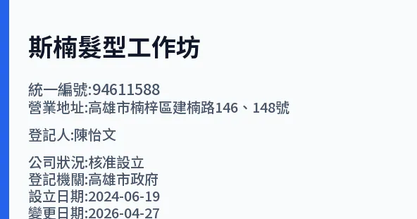 斯楠髮型工作坊的照片-統編 94611588(高雄市) 公司登記資料與營業項目詳細圖表