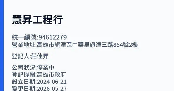 慧昇工程行的照片-統編 94612279(高雄市) 公司登記資料與營業項目詳細圖表