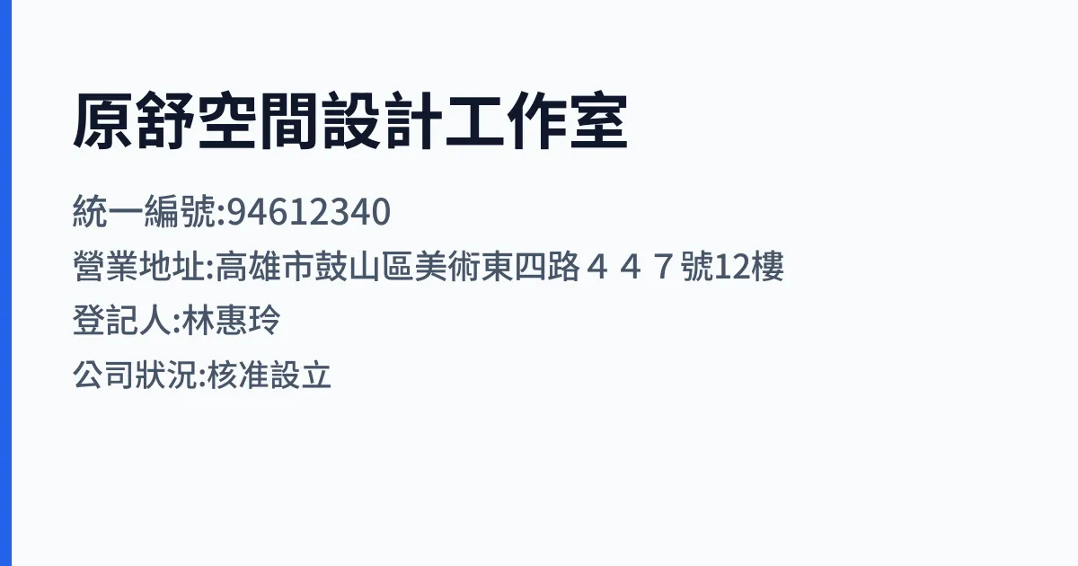 原舒空間設計工作室 - 統編 94612340(高雄市) 公司登記資料與營業項目詳細圖表