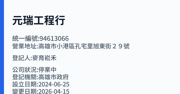 元瑞工程行的照片-統編 94613066(高雄市) 公司登記資料與營業項目詳細圖表