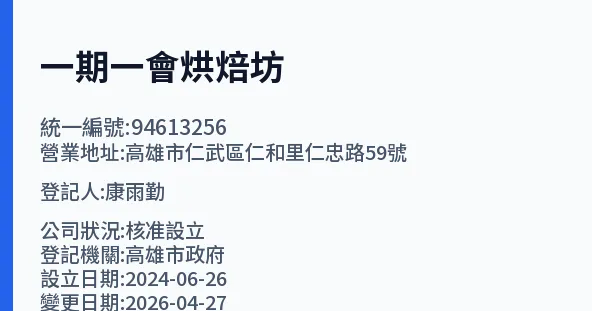 一期一會烘焙坊的照片-統編 94613256(高雄市) 公司登記資料與營業項目詳細圖表