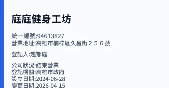 庭庭健身工坊的照片-統編 94613827(高雄市) 公司登記資料與營業項目詳細圖表