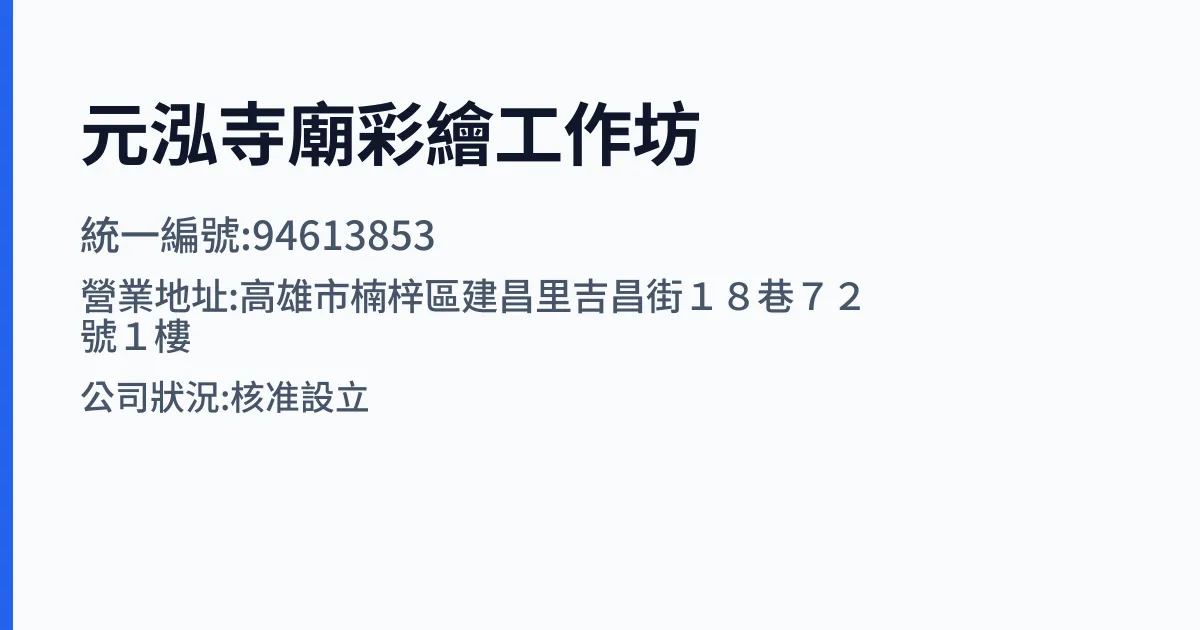 元泓寺廟彩繪工作坊 - 統編 94613853(高雄市) 公司登記資料與營業項目詳細圖表