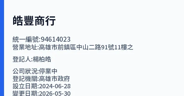 皓豐商行的照片-統編 94614023(高雄市) 公司登記資料與營業項目詳細圖表