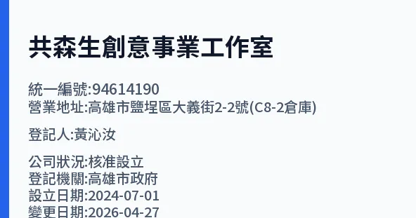 共森生創意事業工作室的照片-統編 94614190(高雄市) 公司登記資料與營業項目詳細圖表