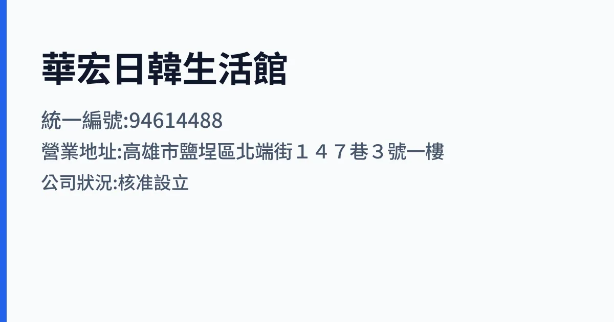 華宏日韓生活館 - 統編 94614488(高雄市) 公司登記資料與營業項目詳細圖表