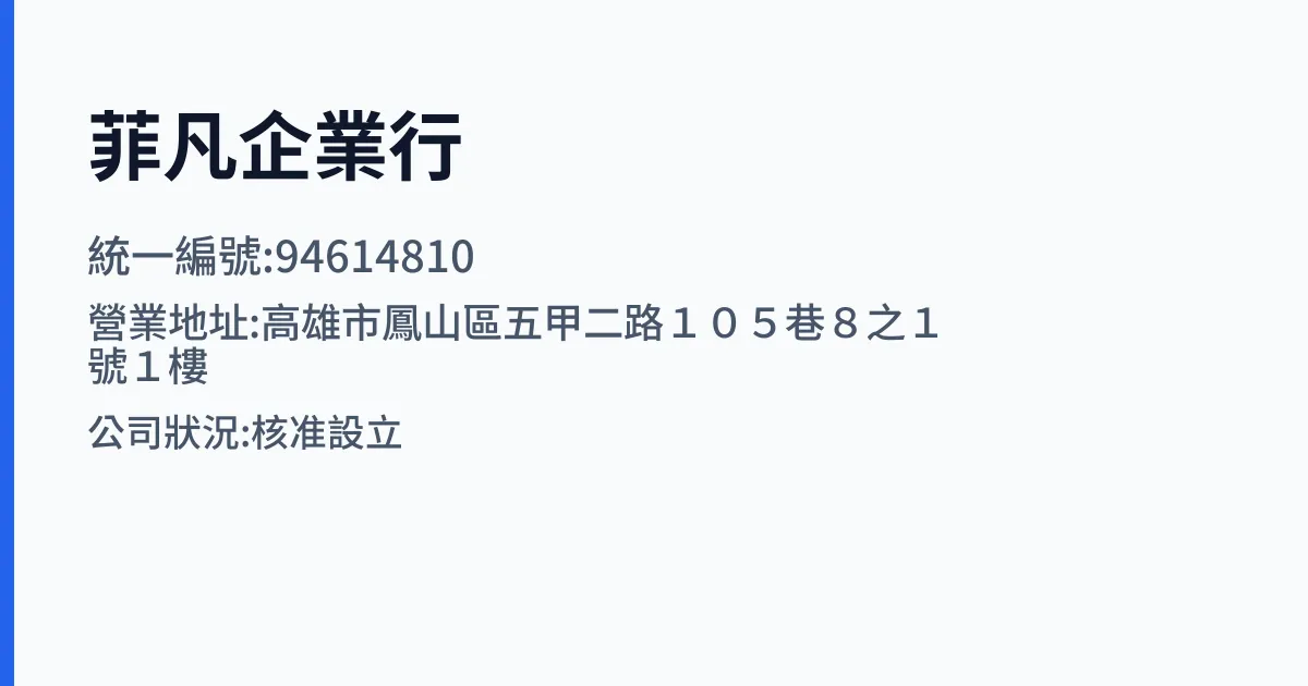 菲凡企業行 - 統編 94614810(高雄市) 公司登記資料與營業項目詳細圖表