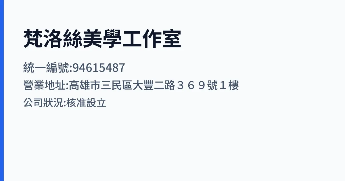 梵洛絲美學工作室 - 統編 94615487(高雄市) 公司登記資料與營業項目詳細圖表
