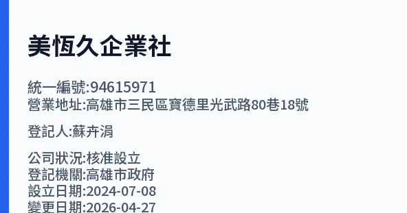 美恆久企業社的照片-統編 94615971(高雄市) 公司登記資料與營業項目詳細圖表