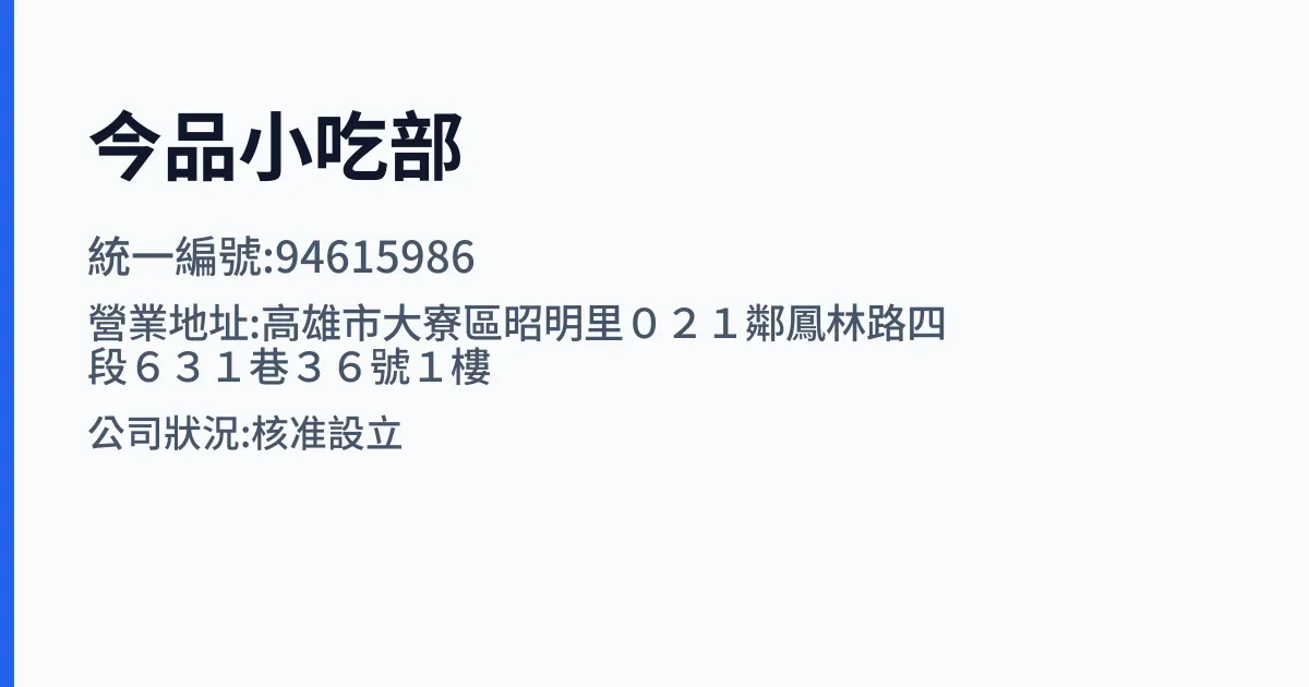 今品小吃部 - 統編 94615986(高雄市) 公司登記資料與營業項目詳細圖表