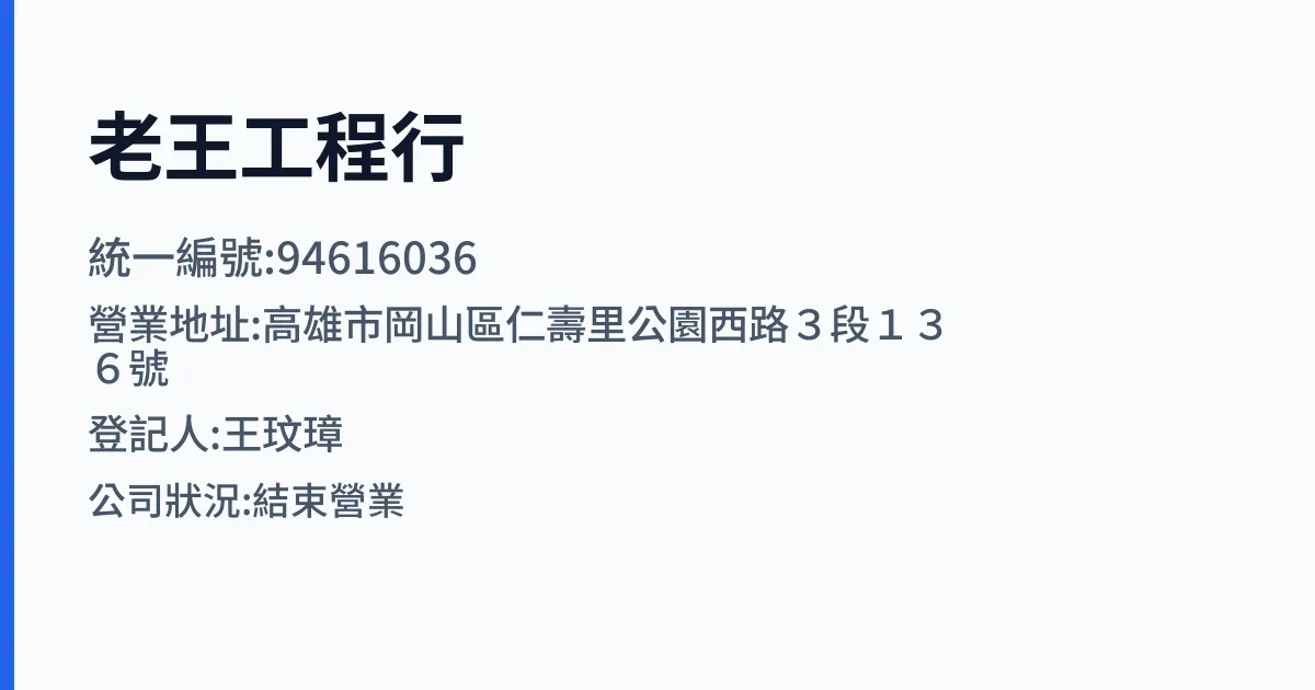 老王工程行 - 統編 94616036(高雄市) 公司登記資料與營業項目詳細圖表