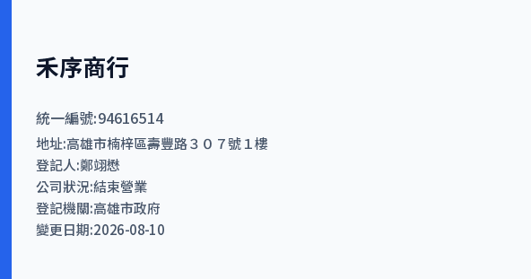 禾序商行的照片-統編 94616514(高雄市) 公司登記資料與營業項目詳細圖表