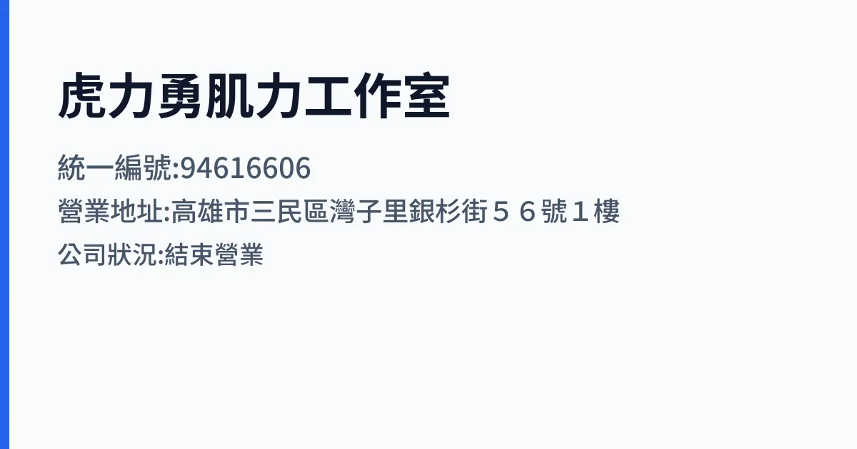 虎力勇肌力工作室 - 統編 94616606(高雄市) 公司登記資料與營業項目詳細圖表