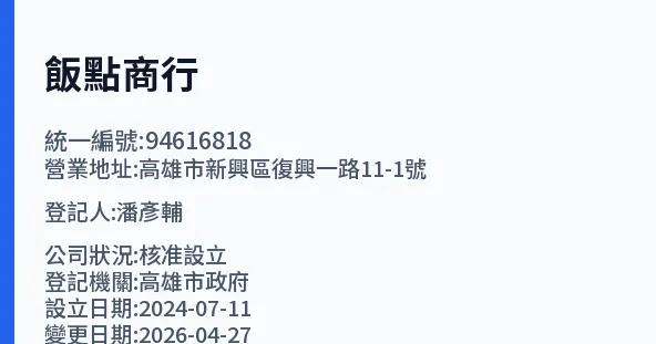飯點商行的照片-統編 94616818(高雄市) 公司登記資料與營業項目詳細圖表