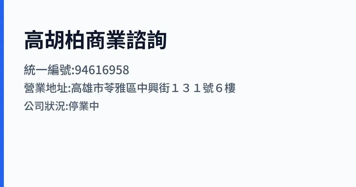 高胡柏商業諮詢 - 統編 94616958(高雄市) 公司登記資料與營業項目詳細圖表