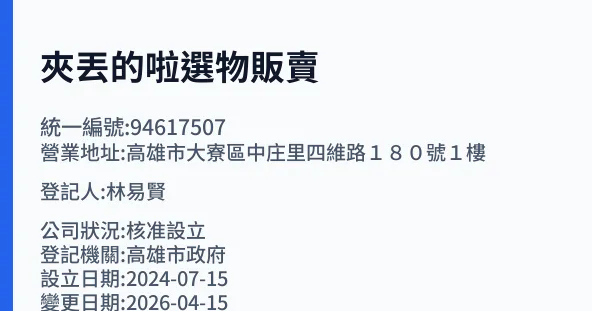 夾丟的啦選物販賣的照片-統編 94617507(高雄市) 公司登記資料與營業項目詳細圖表