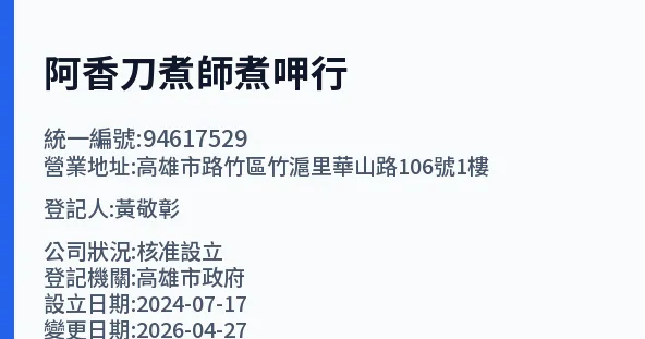 阿香刀煮師煮呷行的照片-統編 94617529(高雄市) 公司登記資料與營業項目詳細圖表