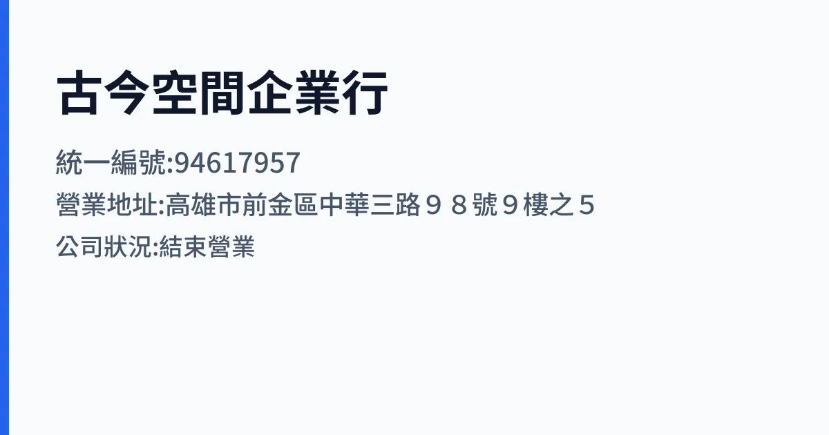 古今空間企業行 - 統編 94617957(高雄市) 公司登記資料與營業項目詳細圖表