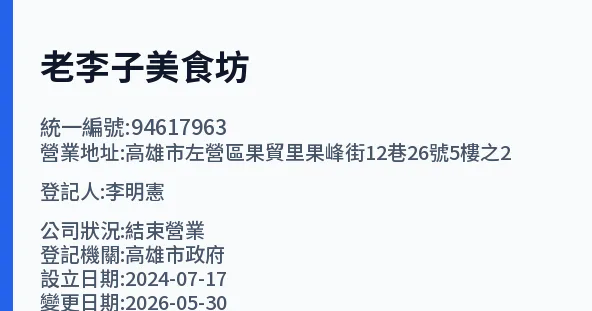 老李子美食坊的照片-統編 94617963(高雄市) 公司登記資料與營業項目詳細圖表