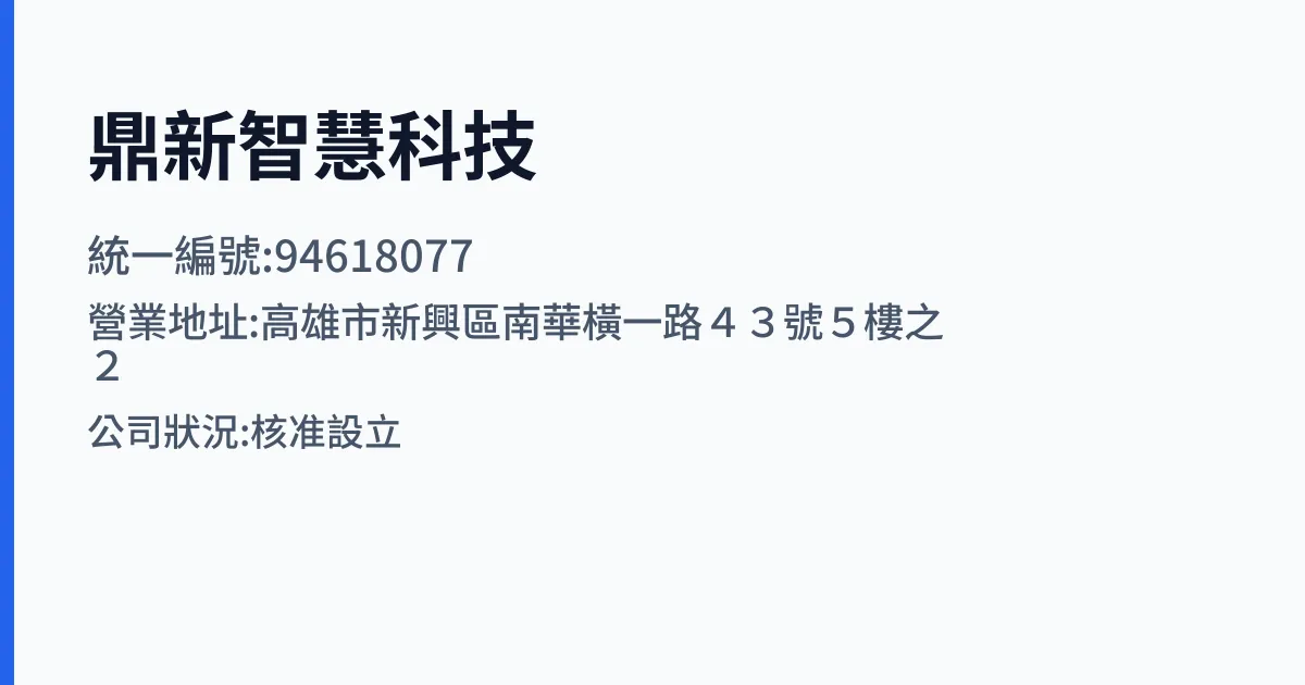鼎新智慧科技 - 統編 94618077(高雄市) 公司登記資料與營業項目詳細圖表