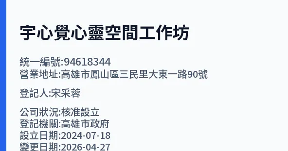 宇心覺心靈空間工作坊的照片-統編 94618344(高雄市) 公司登記資料與營業項目詳細圖表