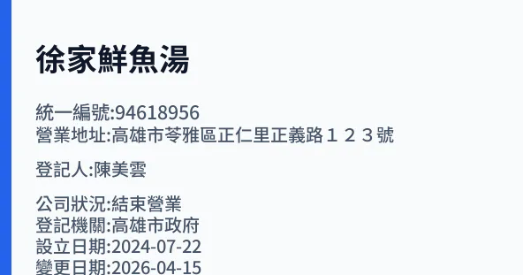 徐家鮮魚湯的照片-統編 94618956(高雄市) 公司登記資料與營業項目詳細圖表