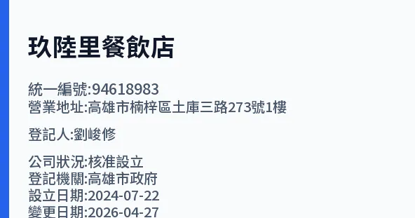 玖陸里餐飲店的照片-統編 94618983(高雄市) 公司登記資料與營業項目詳細圖表