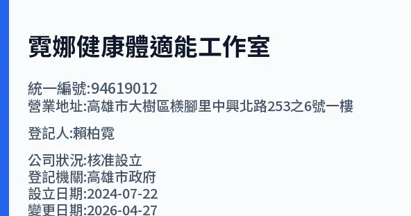 霓娜健康體適能工作室的照片-統編 94619012(高雄市) 公司登記資料與營業項目詳細圖表