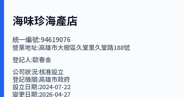 海味珍海產店的照片-統編 94619076(高雄市) 公司登記資料與營業項目詳細圖表