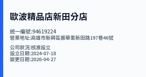 歐波精品店新田分店的照片-統編 94619224(高雄市) 公司登記資料與營業項目詳細圖表