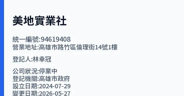 美地實業社的照片-統編 94619408(高雄市) 公司登記資料與營業項目詳細圖表