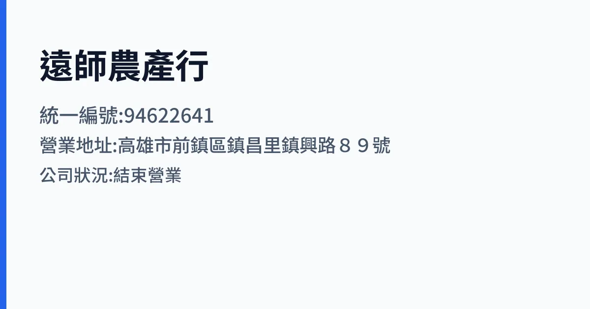 遠師農產行 - 統編 94622641(高雄市) 公司登記資料與營業項目詳細圖表