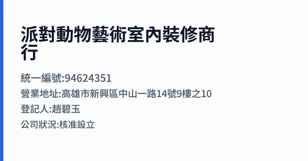 派對動物藝術室內裝修商行 - 統編 94624351(高雄市) 公司登記資料與營業項目詳細圖表