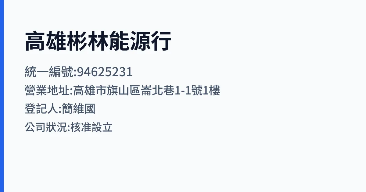 高雄彬林能源行 - 統編 94625231(高雄市) 公司登記資料與營業項目詳細圖表