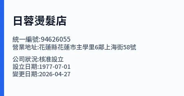 日蓉燙髮店的照片-統編 94626055(花蓮縣) 公司登記資料與營業項目詳細圖表