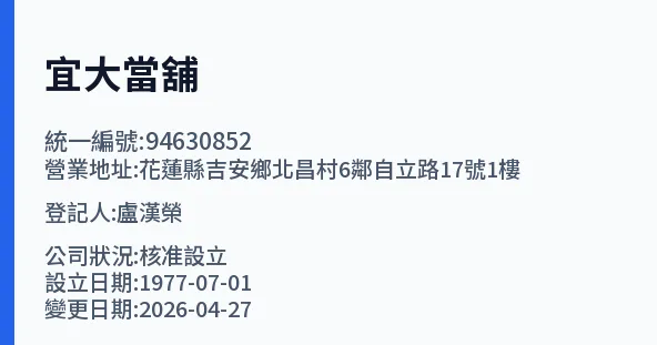 宜大當舖的照片-統編 94630852(花蓮縣) 公司登記資料與營業項目詳細圖表