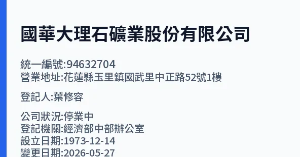 國華大理石礦業股份有限公司的照片-統編 94632704(花蓮縣) 公司登記資料與營業項目詳細圖表