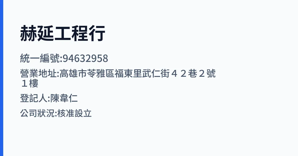 赫延工程行 - 統編 94632958(高雄市) 公司登記資料與營業項目詳細圖表
