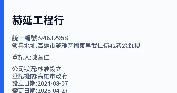 赫延工程行的照片-統編 94632958(高雄市) 公司登記資料與營業項目詳細圖表