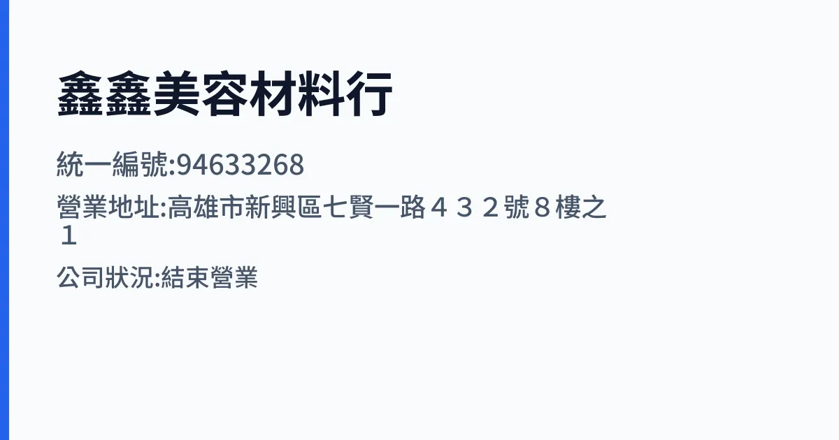 鑫鑫美容材料行 - 統編 94633268(高雄市) 公司登記資料與營業項目詳細圖表