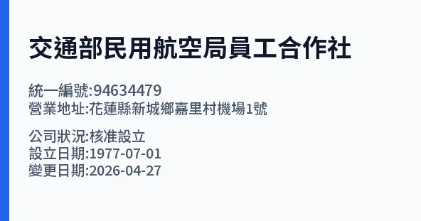 交通部民用航空局員工合作社的照片-統編 94634479(花蓮縣) 公司登記資料與營業項目詳細圖表