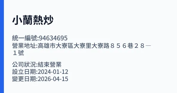 小蘭熱炒的照片-統編 94634695(高雄市) 公司登記資料與營業項目詳細圖表