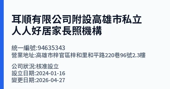 耳順有限公司附設高雄市私立人人好居家長照機構的照片-統編 94635343(高雄市) 公司登記資料與營業項目詳細圖表