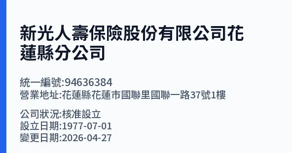 新光人壽保險股份有限公司花蓮縣分公司的照片-統編 94636384(花蓮縣) 公司登記資料與營業項目詳細圖表