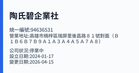 陶氏碧企業社的照片-統編 94636531(高雄市) 公司登記資料與營業項目詳細圖表