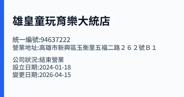 雄皇童玩育樂大統店的照片-統編 94637222(高雄市) 公司登記資料與營業項目詳細圖表