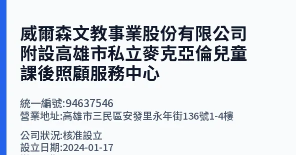 威爾森文教事業股份有限公司附設高雄市私立麥克亞倫兒童課後照顧服務中心的照片-統編 94637546(高雄市) 公司登記資料與營業項目詳細圖表