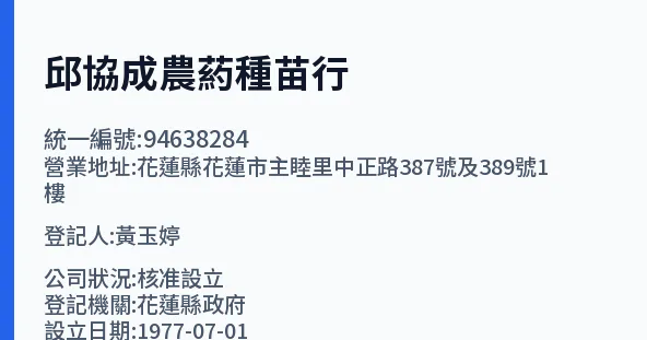 邱協成農葯種苗行的照片-統編 94638284(花蓮縣) 公司登記資料與營業項目詳細圖表