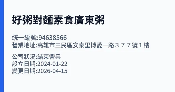 好粥對麵素食廣東粥的照片-統編 94638566(高雄市) 公司登記資料與營業項目詳細圖表