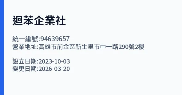 迴苯企業社的照片-統編 94639657(高雄市) 公司登記資料與營業項目詳細圖表